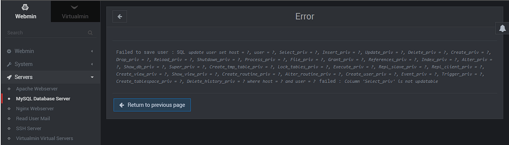 Webmin MySQL Database Error when Editing User - Failed to save user - Webmin - Virtualmin Community
