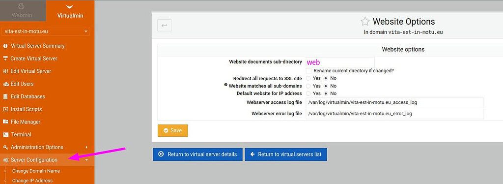 Bug while removing Website-Options - Virtualmin - Virtualmin Community