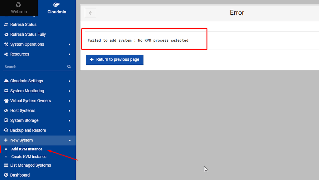 Failed to add system in Cloudmin | No KVM process selected - Cloudmin - Virtualmin Community