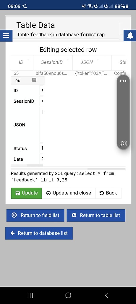 Editing Selected Row in Manage Databases on PWA App on mobile phone - Virtualmin - Virtualmin ...