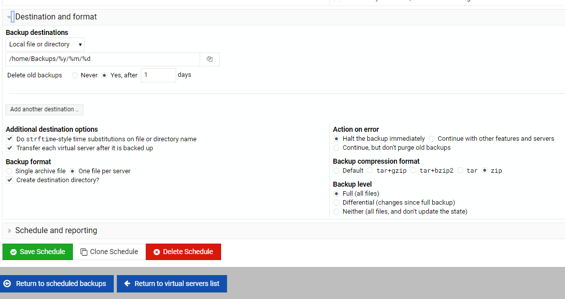 Settings In The Backup Help Home For Newbies Virtualmin Community